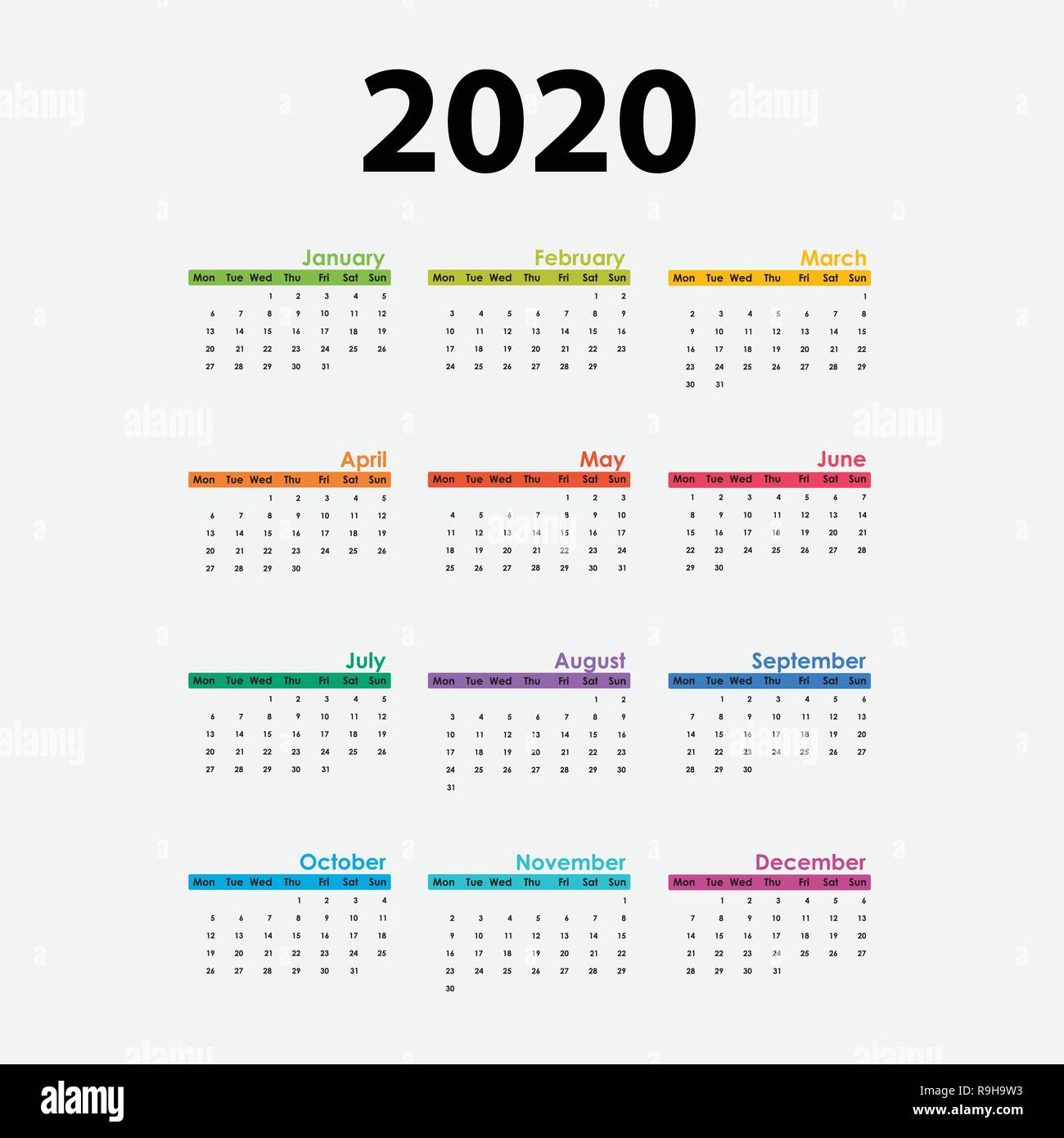 Calendrier 2020 Calendrier 2020 Modèle.Lot de 12 mois.Calendrier de l ...