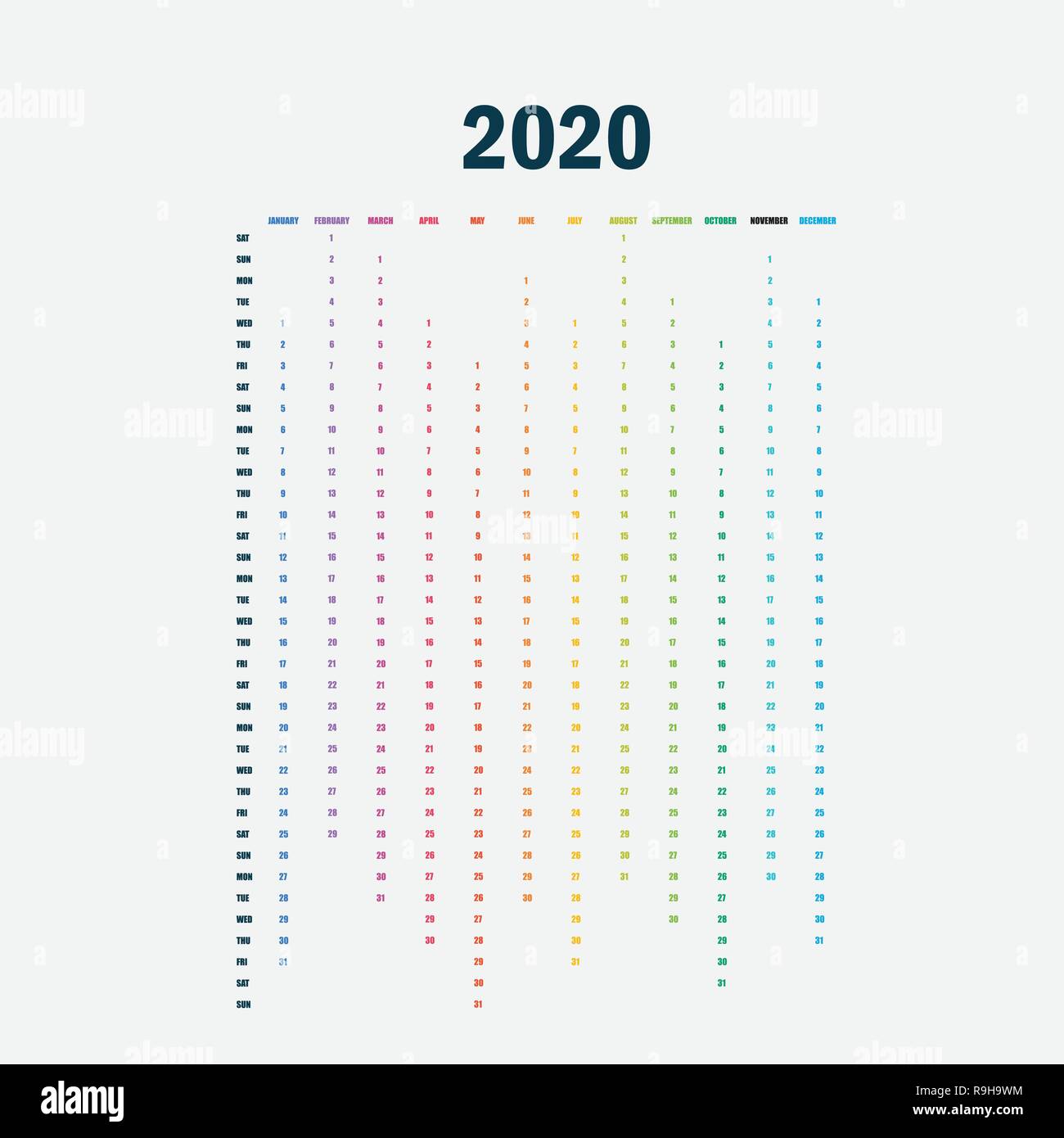 Calendrier 2020 Calendrier 2020 Modèle.Lot de 12 mois.Calendrier de l ...