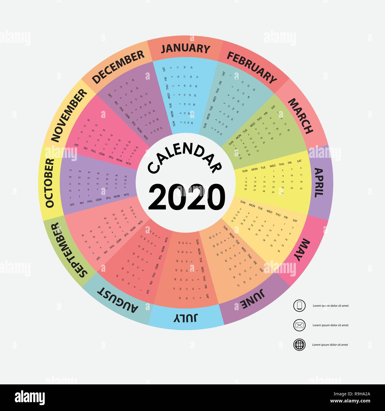 Calendrier 2020 Calendrier 2020 Modèle.Lot de 12 mois.Calendrier de l ...