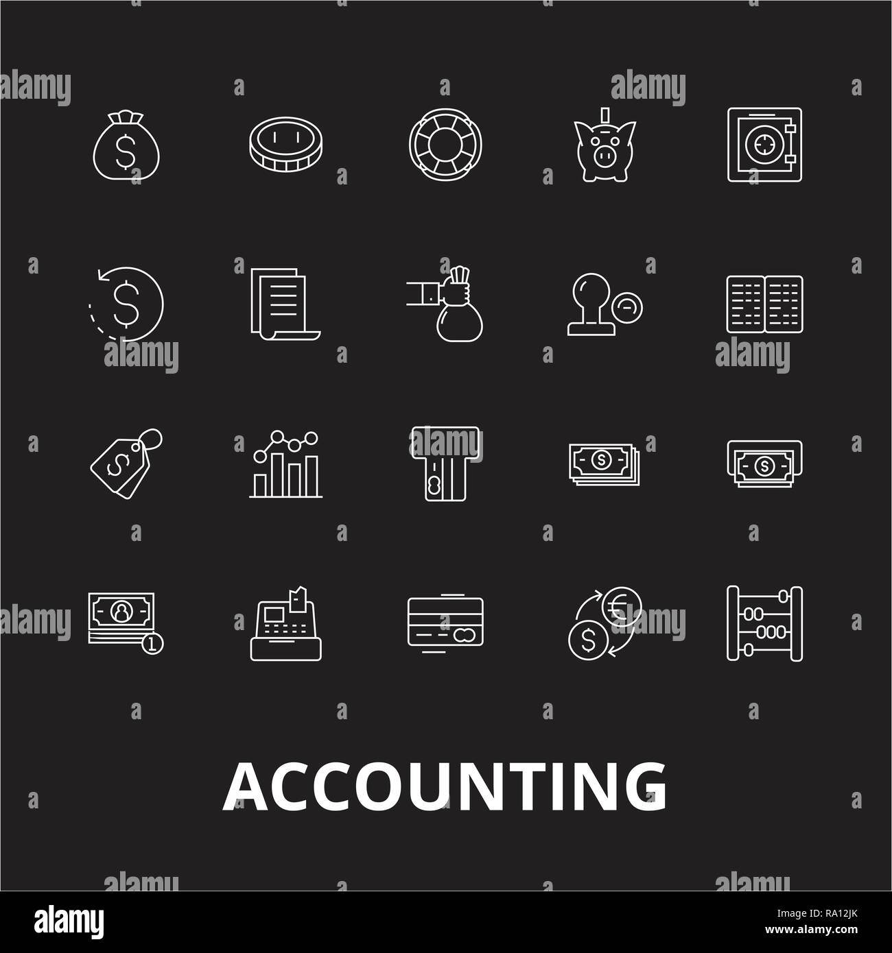 Ligne modifiable comptables icônes vector set sur fond noir. Contour ...