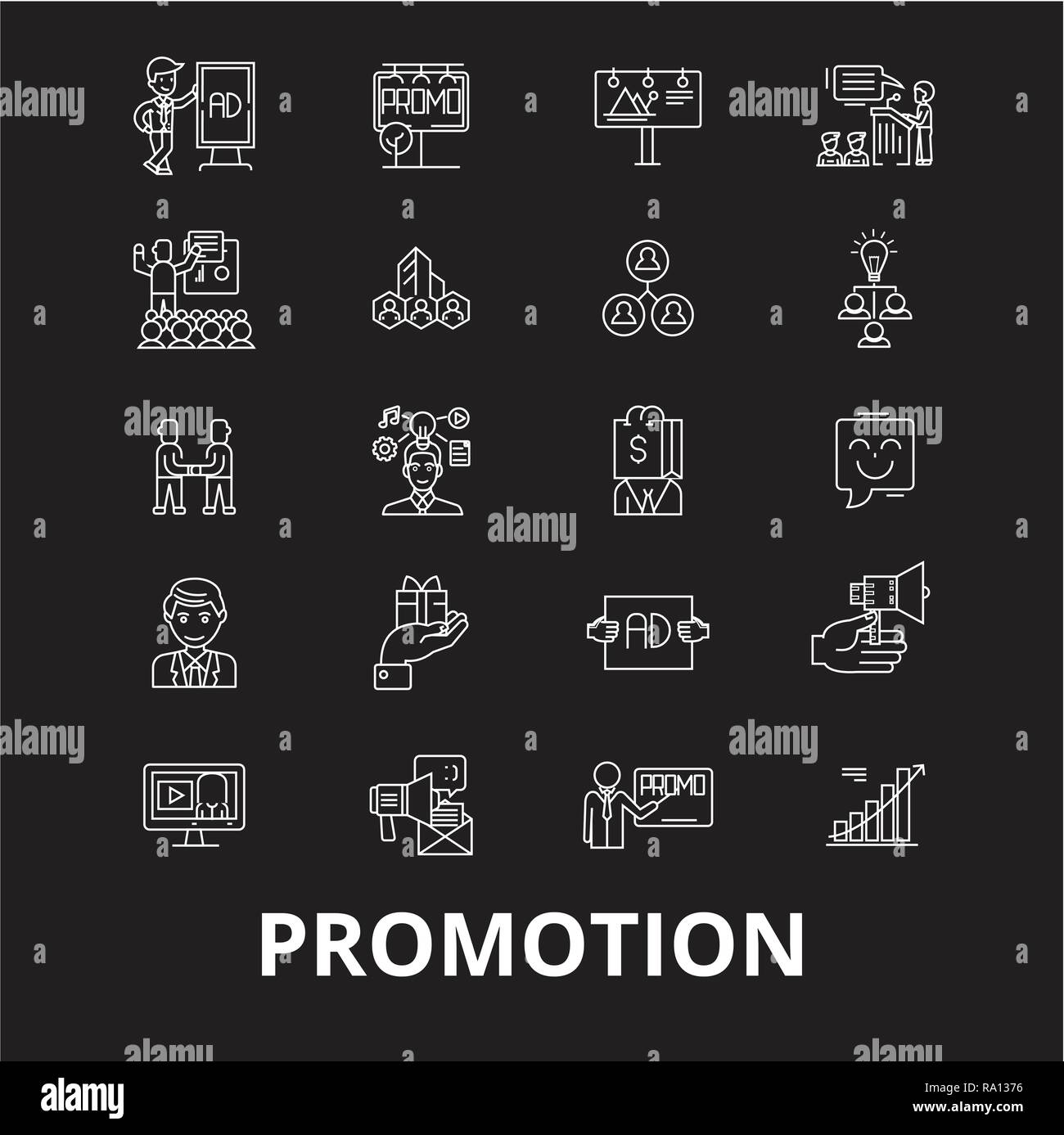 Ligne modifiable Promotion vector set icônes sur fond noir. Contour ...