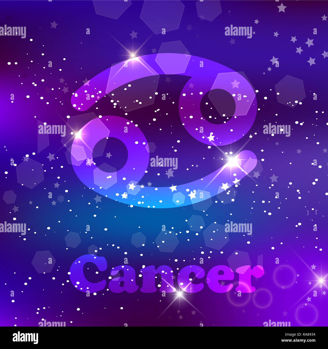 Signe astrologique cancer constellation et sur un fond violet cosmique ...