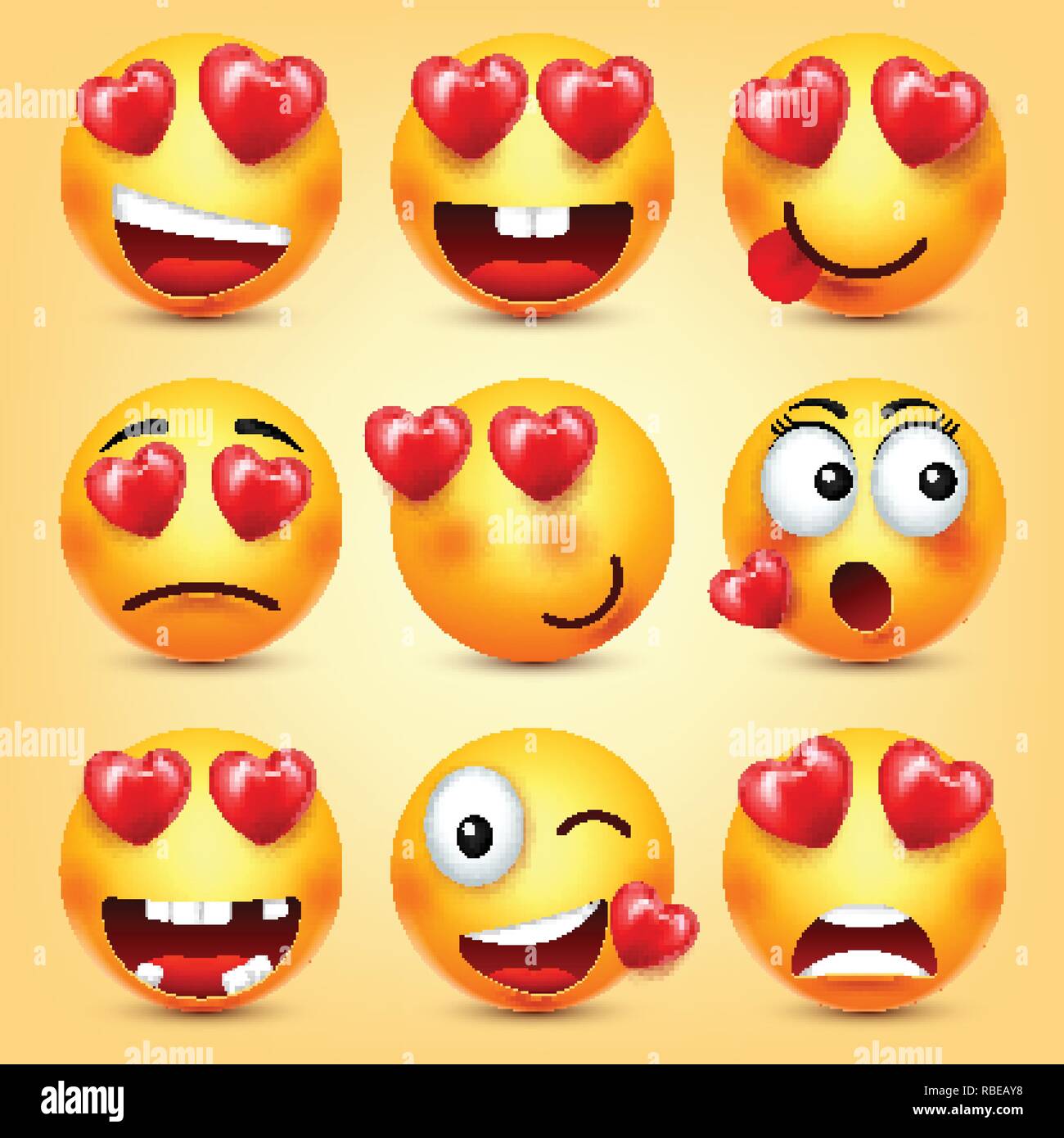 Smiley Emoji avec Red Heart Vector Set. Valentines Day Cartoon ...