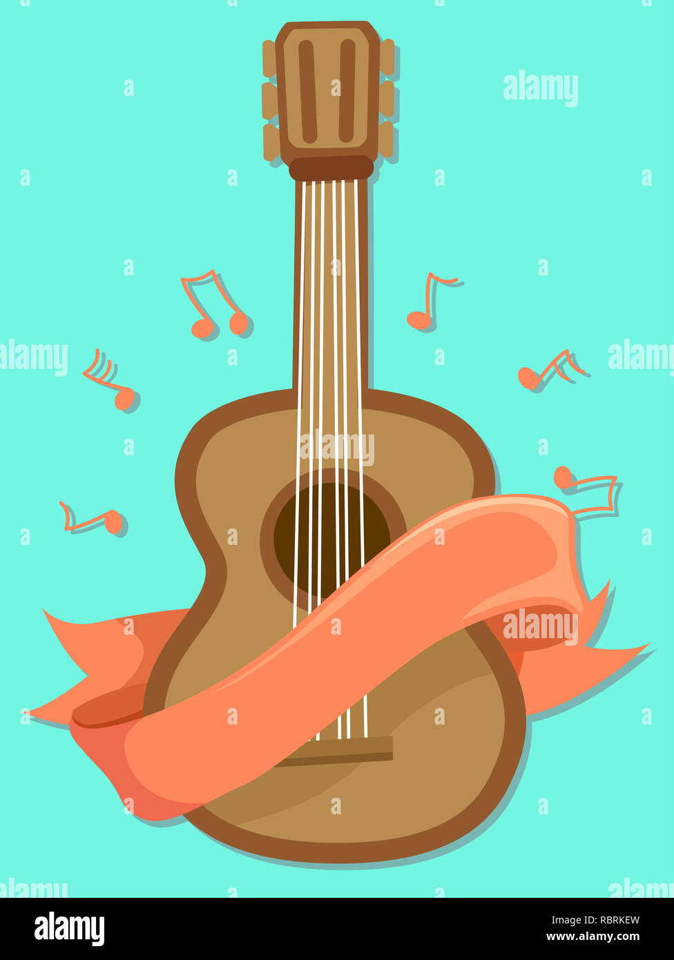 Illustration d'une guitare acoustique avec des notes de musique et le ...