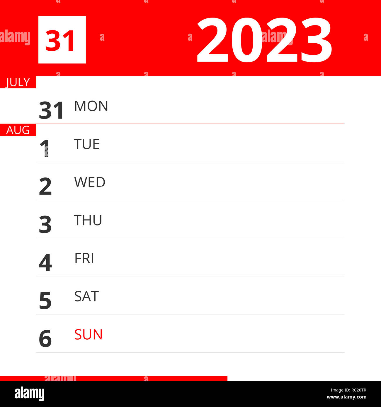 Planificateur de calendrier pour la semaine 31 en 2023, se termine le 6 ...