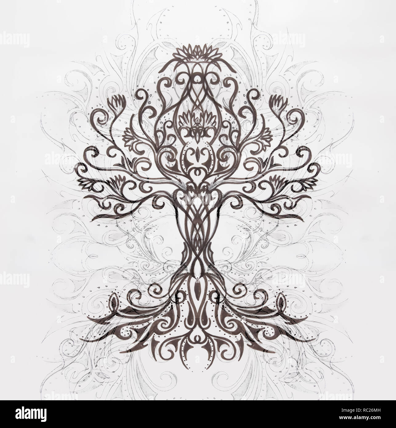 Symbole de l'arbre de vie structuré sur fond ornemental, Yggdrasil ...