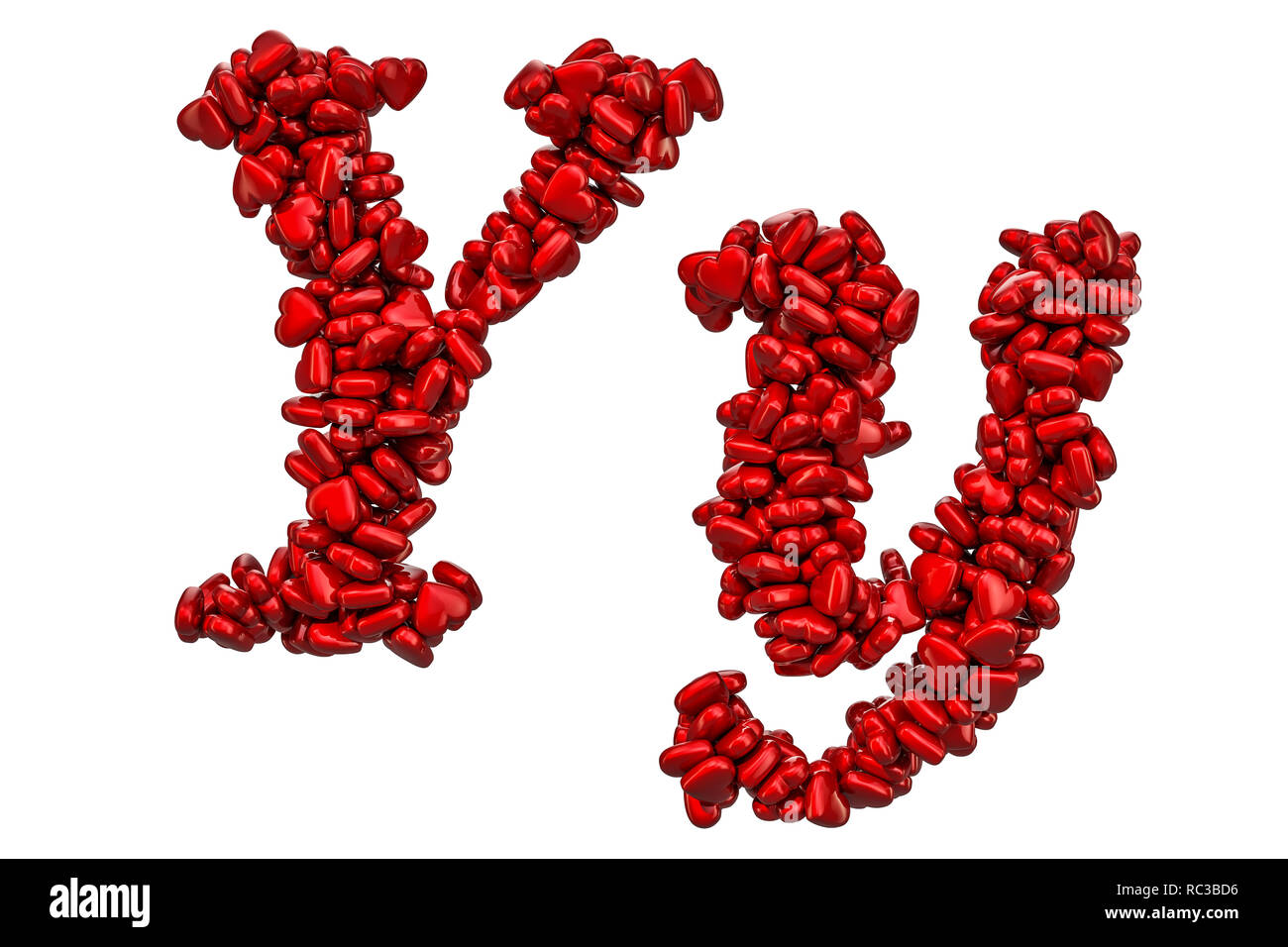 Lettre cursive Y de cœurs rouges, majuscules et minuscules. Le rendu 3D ...