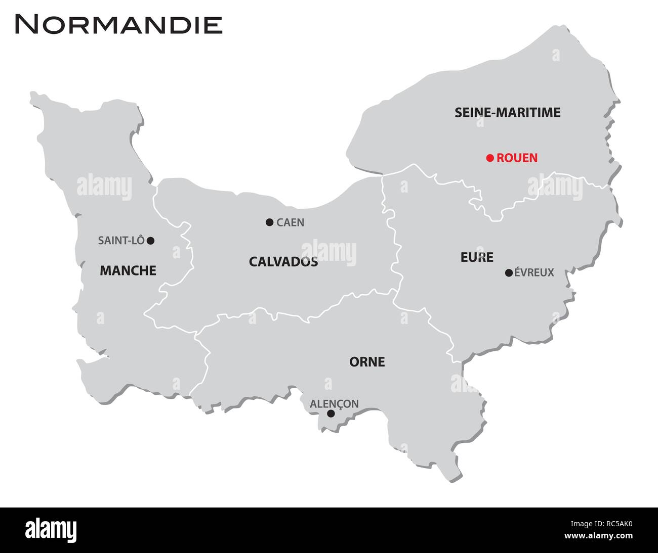 Gris simple carte administrative de la nouvelle région Normandie Image ...