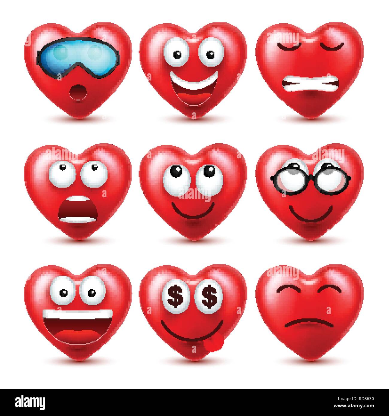 Smiley coeur Vector Set Emoji pour la Saint-Valentin. Funny face rouge ...