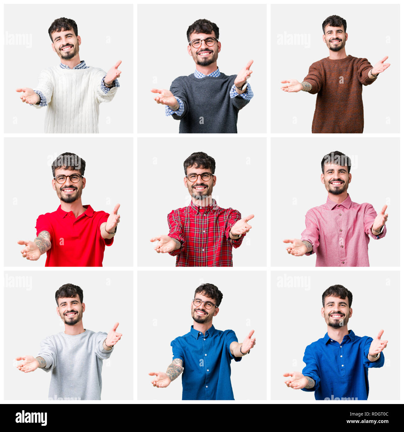 Collage de jeune homme sur fond isolé regardant la caméra en souriant à ...