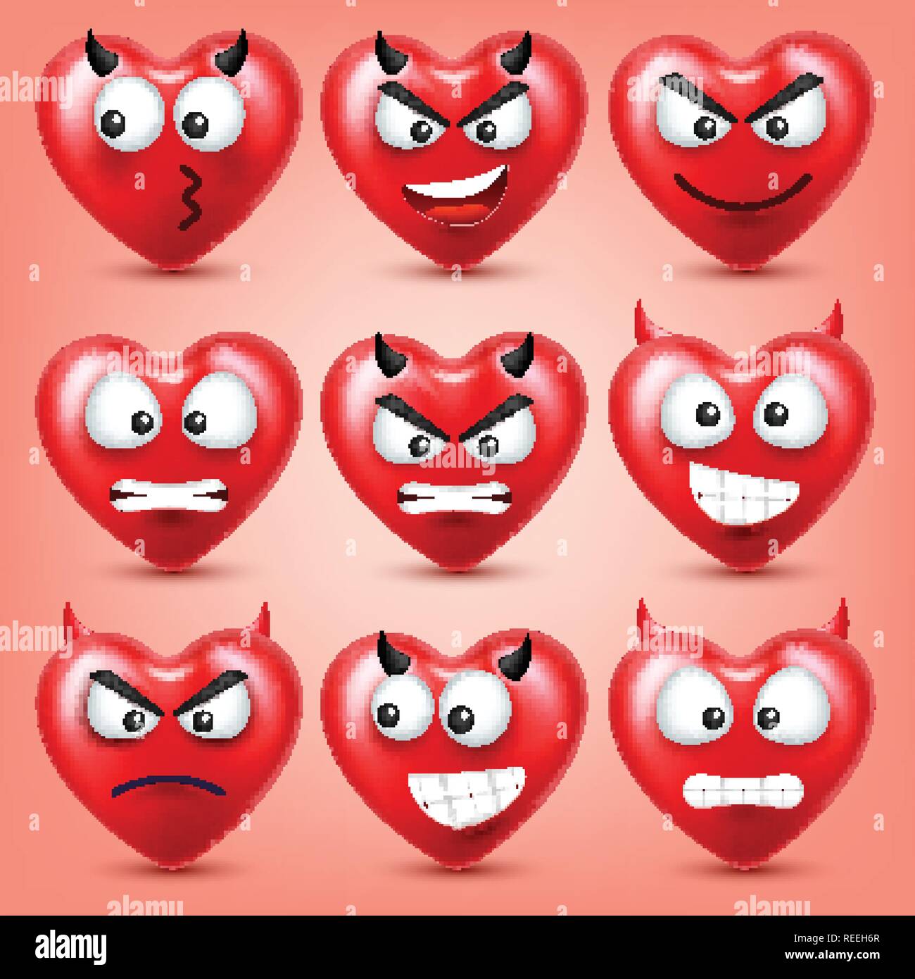 Smiley coeur vector set emoji pour la Saint-Valentin. Funny face rouge ...
