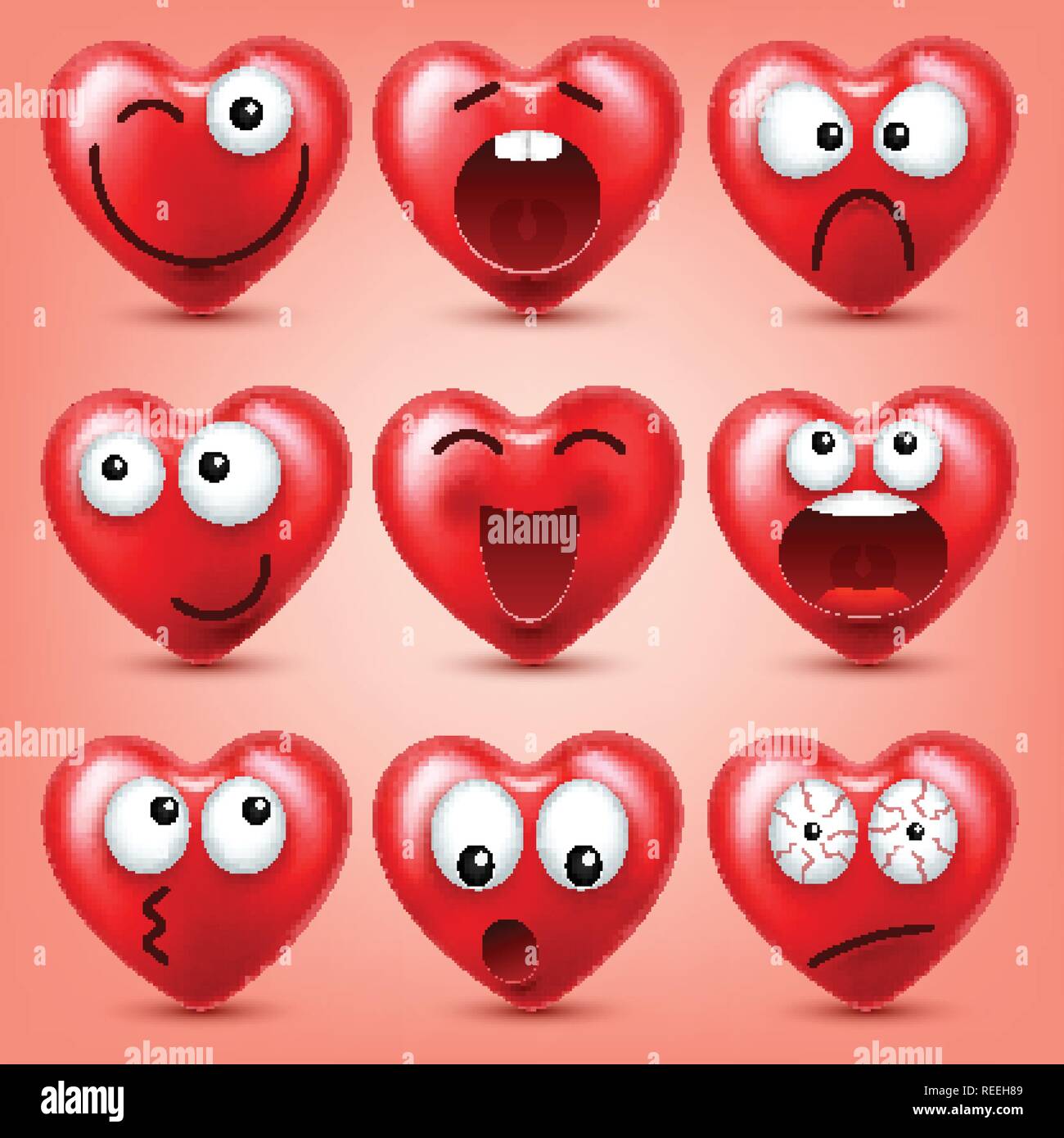 Smiley coeur vector set emoji pour la Saint-Valentin. Funny face rouge ...