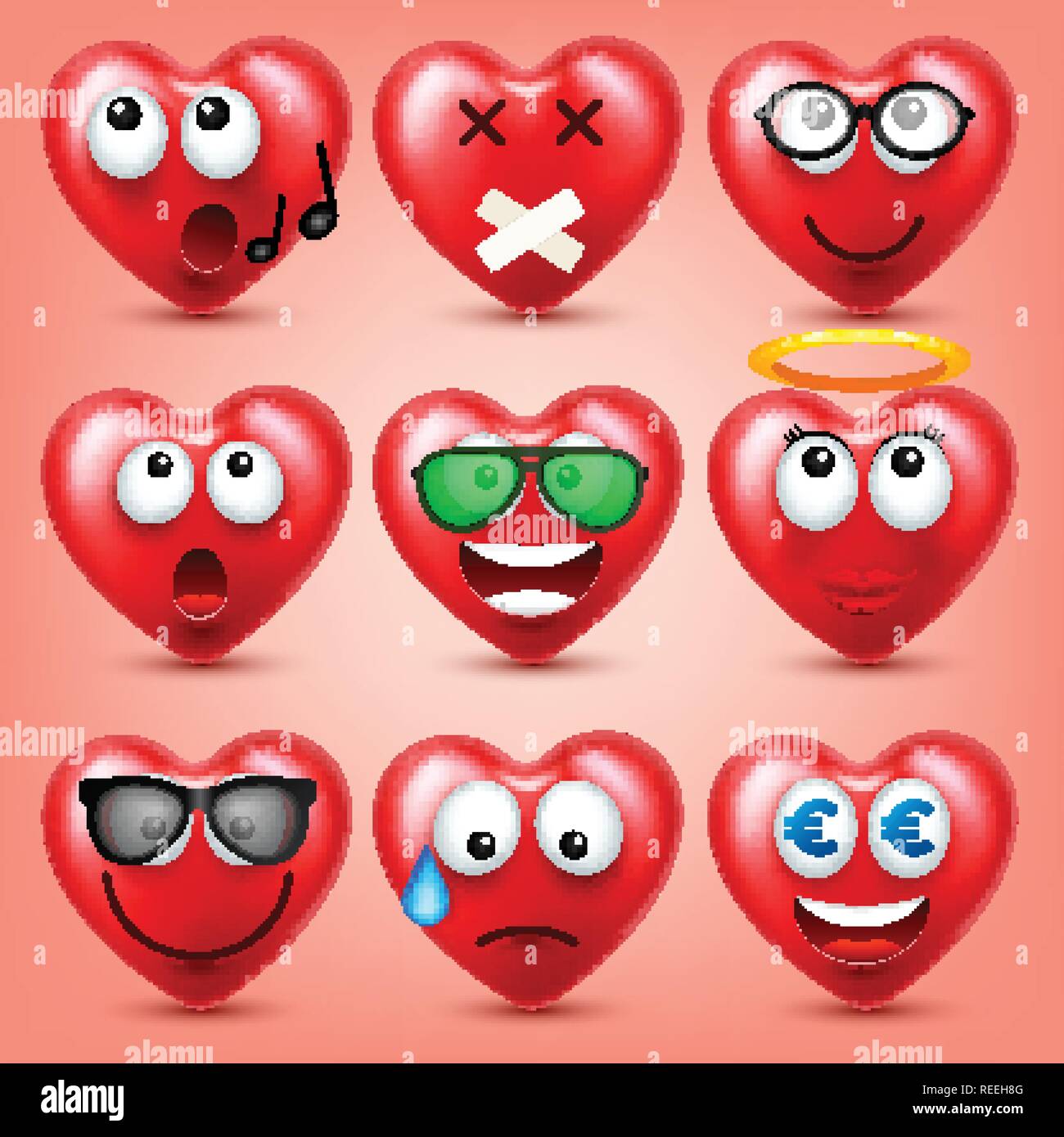 Smiley coeur vector set emoji pour la Saint-Valentin. Funny face rouge ...
