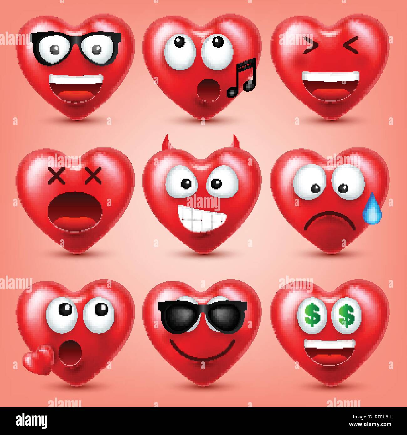 Smiley coeur vector set emoji pour la Saint-Valentin. Funny face rouge ...