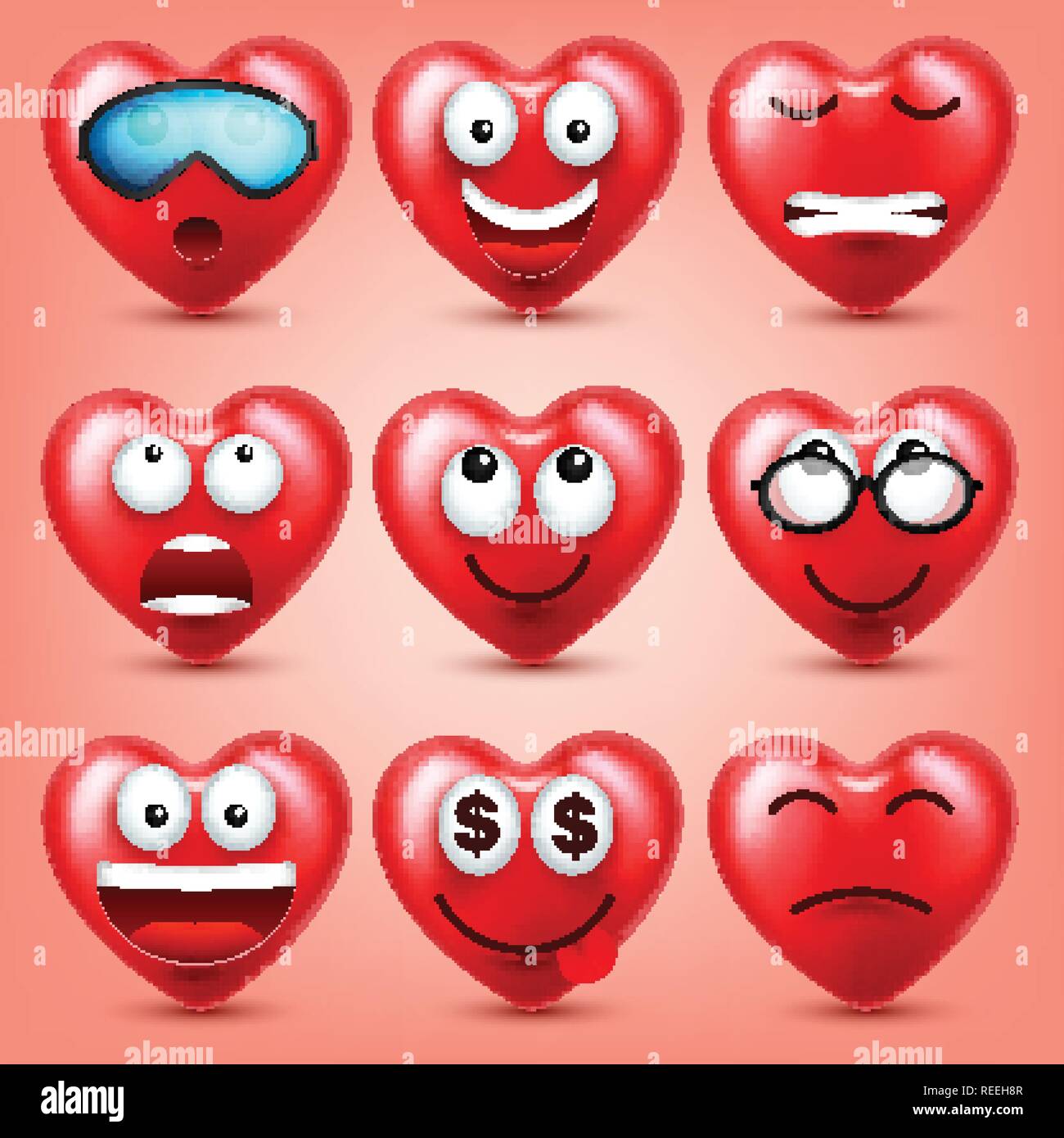 Smiley coeur vector set emoji pour la Saint-Valentin. Funny face rouge ...