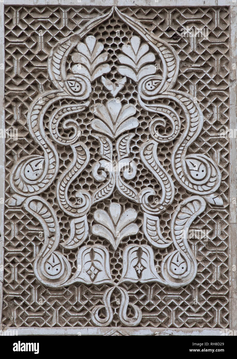 Plâtre sculpté sur un mur d'une maison à al-Balad, province de La ...
