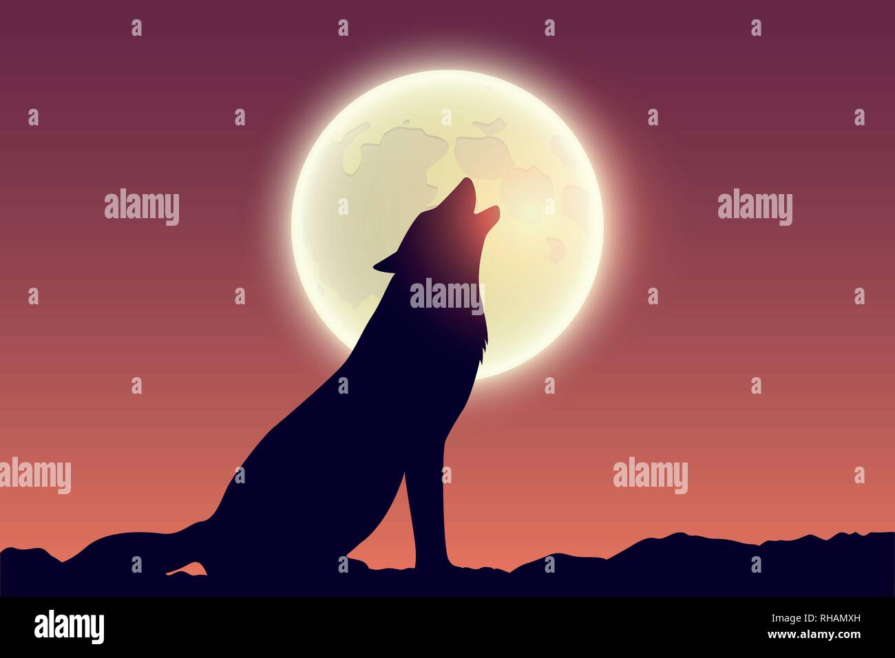 Le loup hurle à la pleine lune silhouette vector illustration EPS10 ...