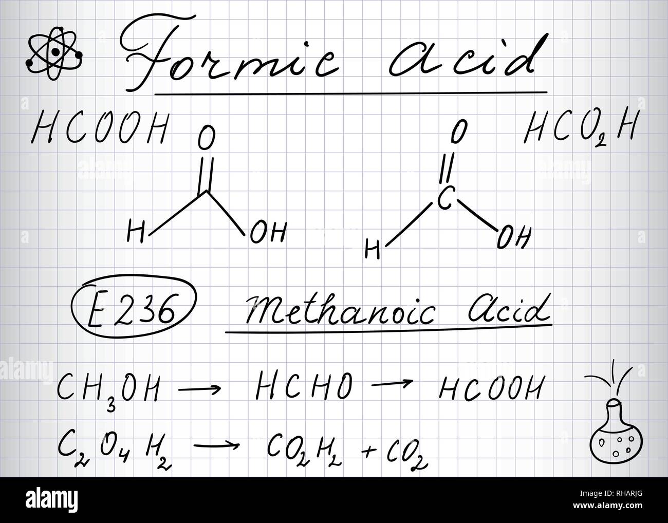 L'acide formique (methanoic) molécule. Dessin à la main, feuille de ...