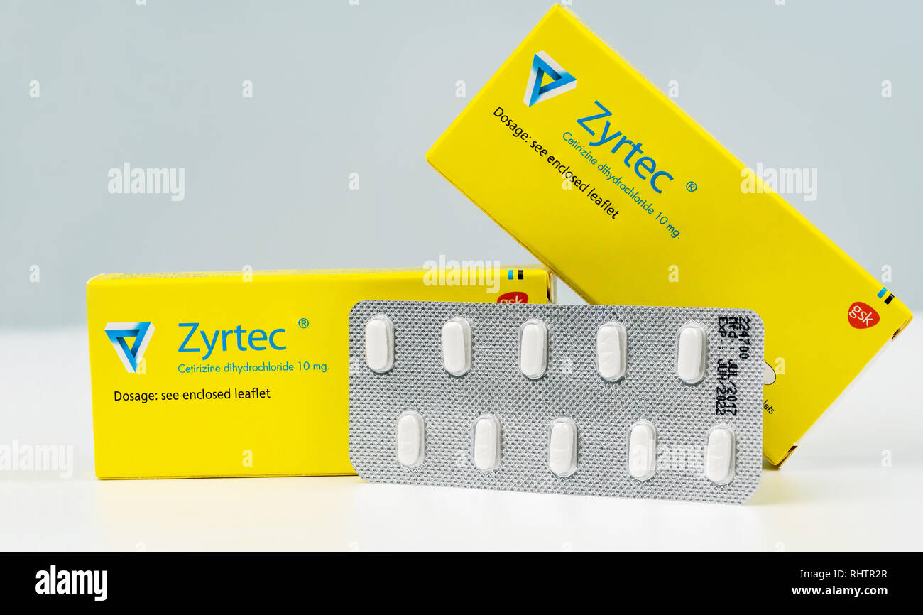 CHONBURI, THAÏLANDE-Août 3, 2018 : Zyrtec Cetirizine dihydrochloride 10 ...