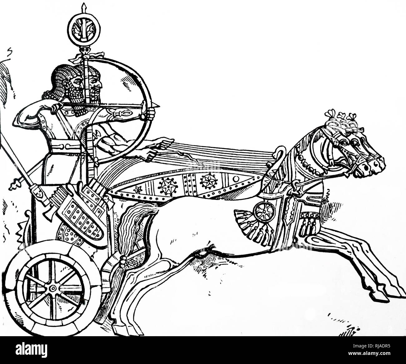 Une gravure représentant un char de guerre Assyrienne avec archer ...