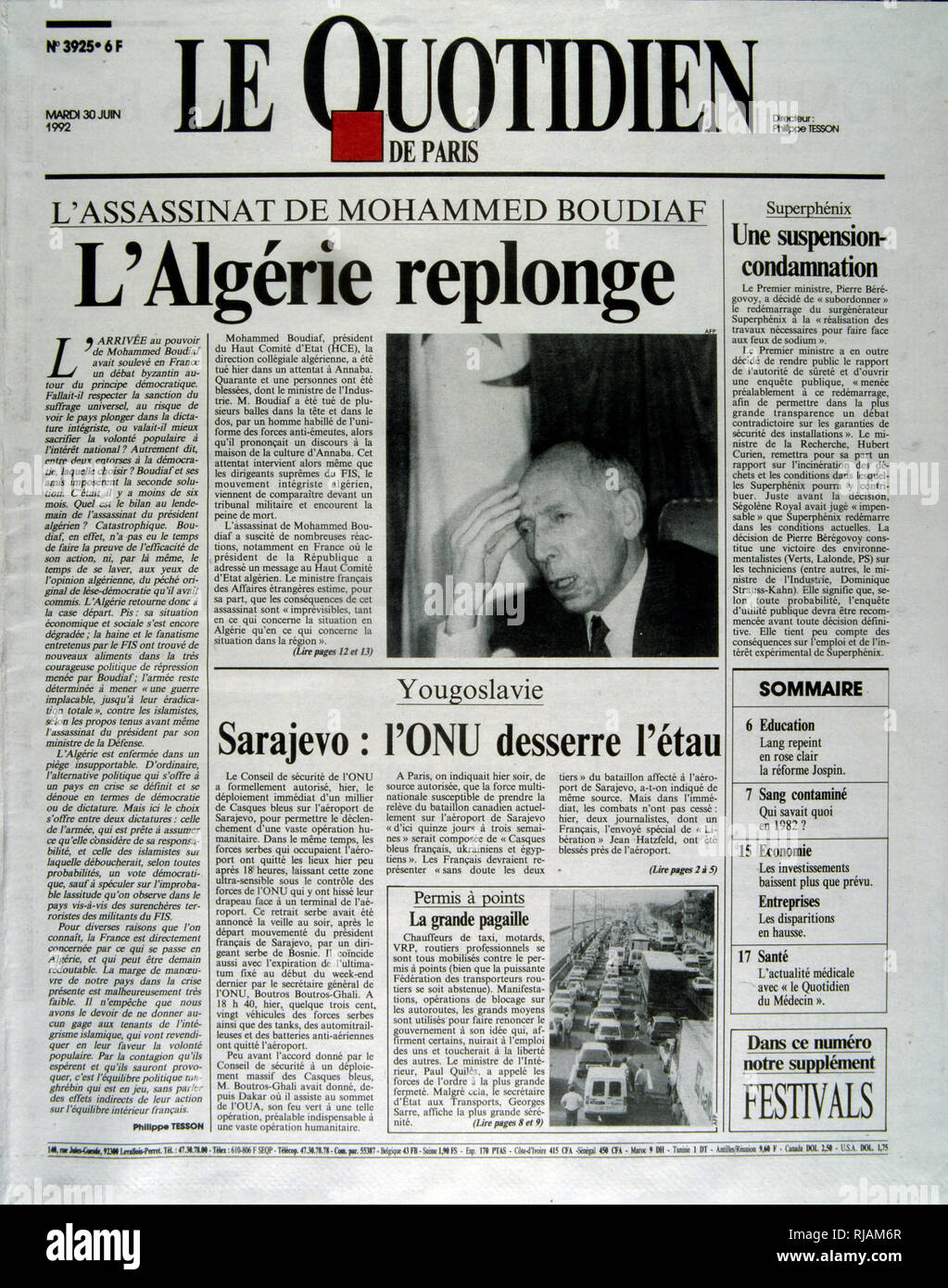 Première page du journal français 'Le Quotidien' après l'assassinat du ...
