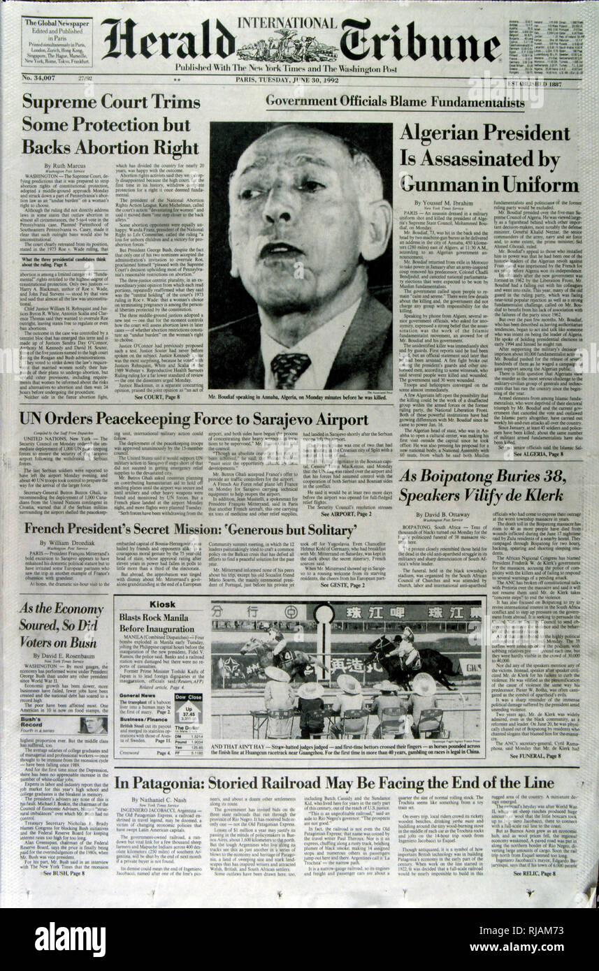 Première page du journal américain "Herald Tribune" après l'assassinat ...