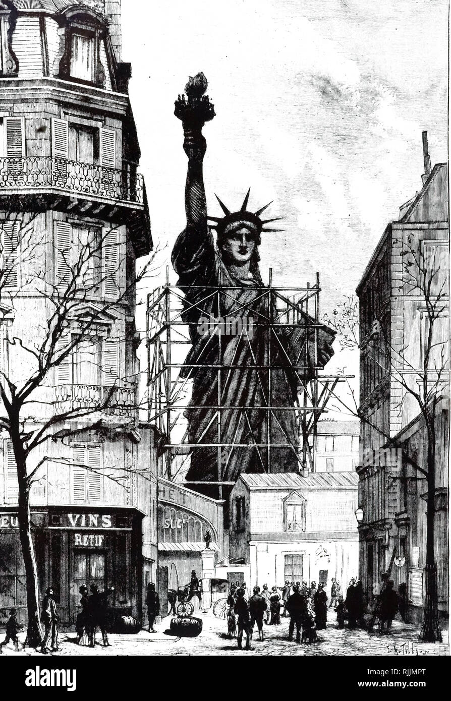 Une gravure illustrant la construction de la Statue de la liberté de la ...