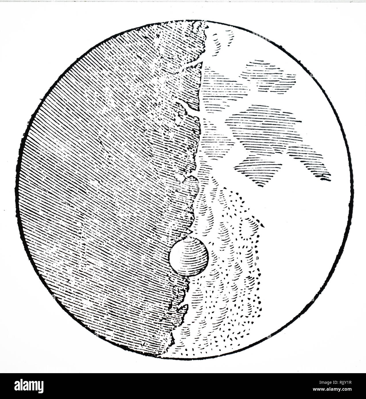 Dessin de Galilée de la lune au premier trimestre. Galileo Galilei ...