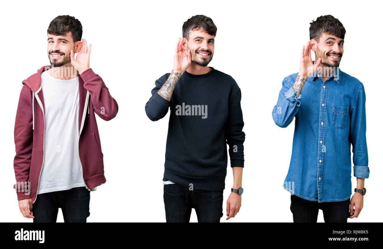 Collage de jeune homme sur fond isolé smiling with hand sur l'écoute d ...
