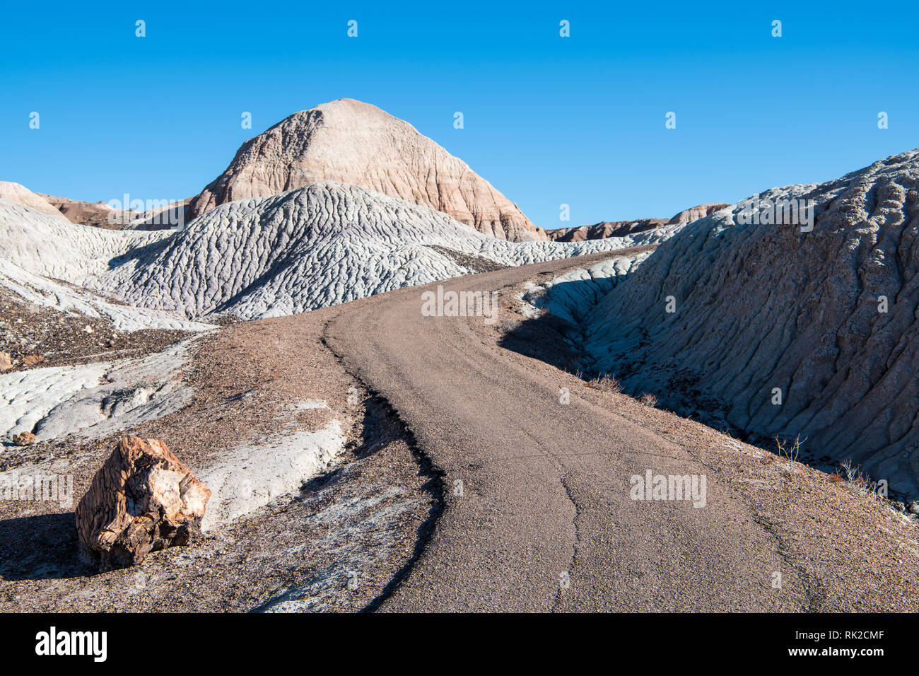 Un chemin courbe serpente à travers un paysage de désert surréaliste ...