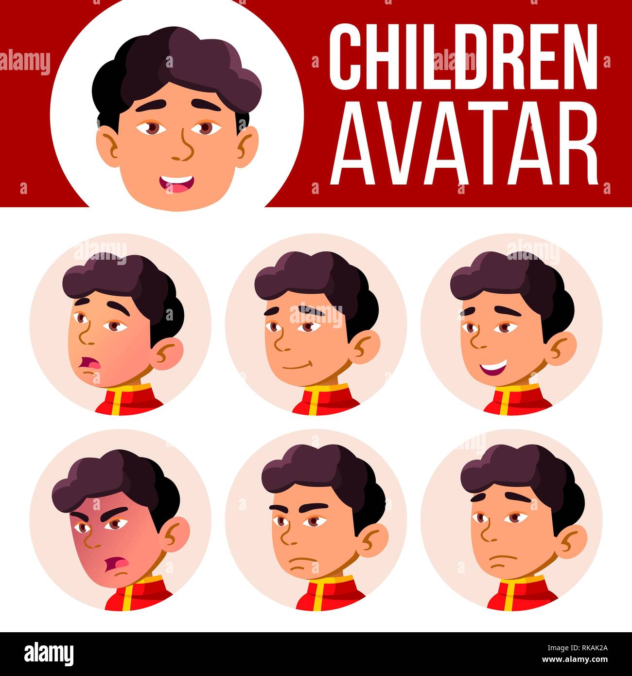 Asian Boy Avatar Set Kid vecteur. L'école maternelle. Faire face à ses ...