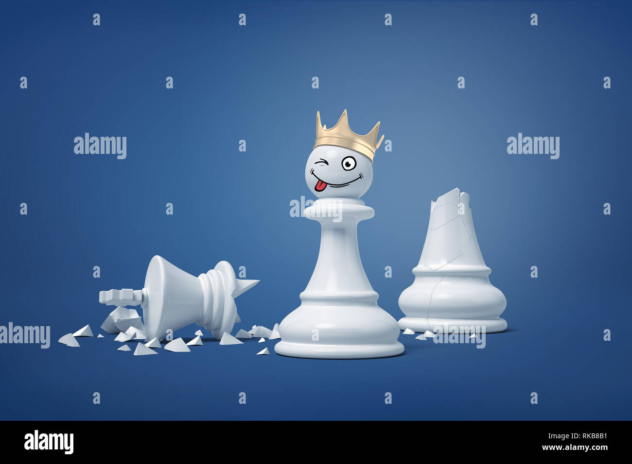 Le rendu 3D de pion blanc avec un smiley porte une couronne d'or et se ...