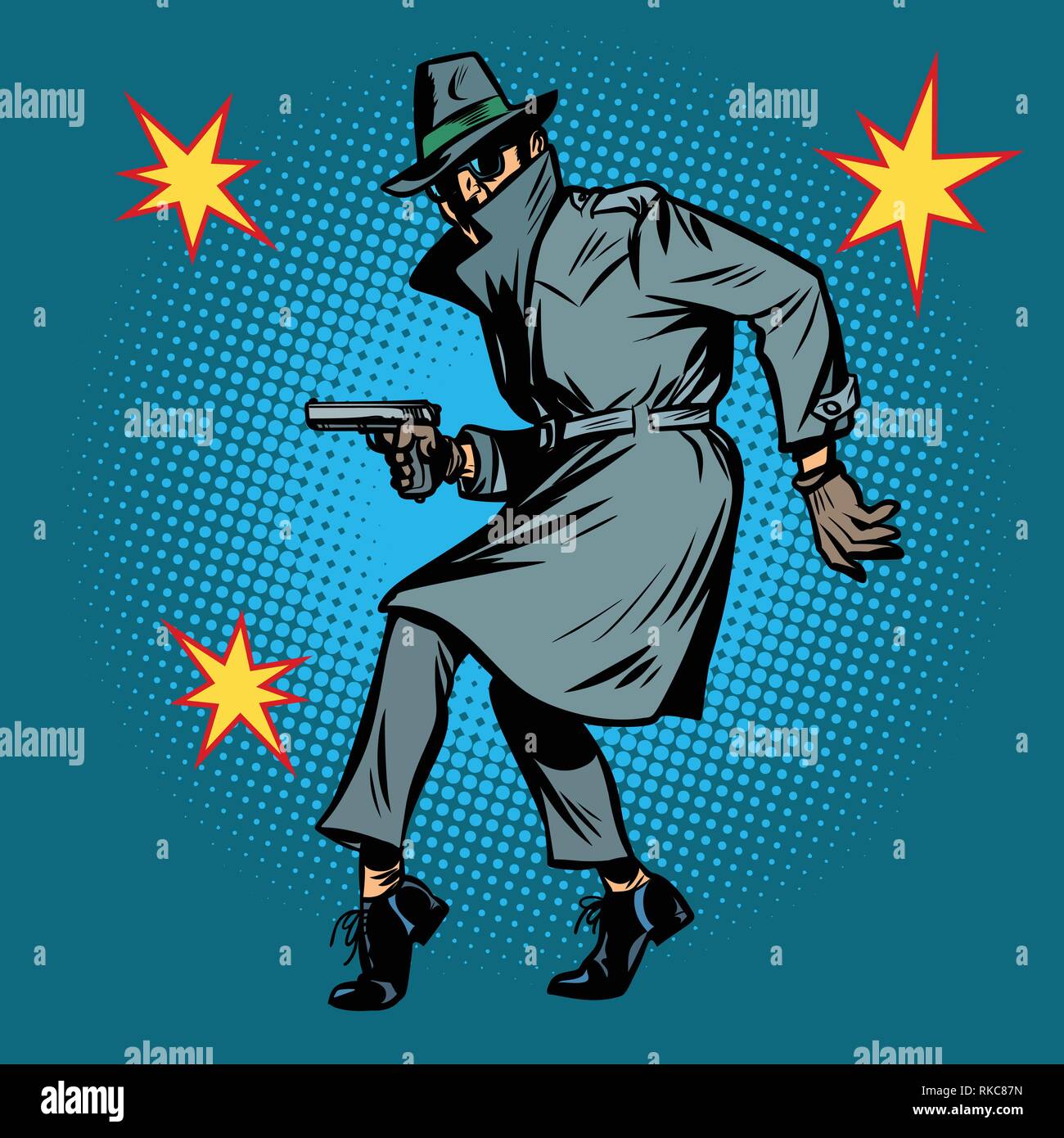 Espion détective homme avec fusil poser. Comic cartoon retro pop art ...