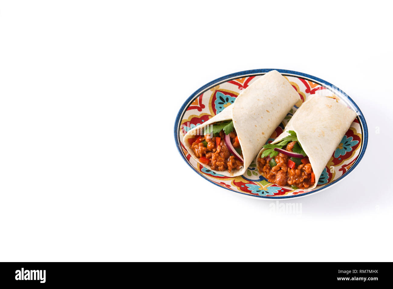 Burritos mexicain typique Wraps au boeuf, légumes et frijoles isolé sur ...