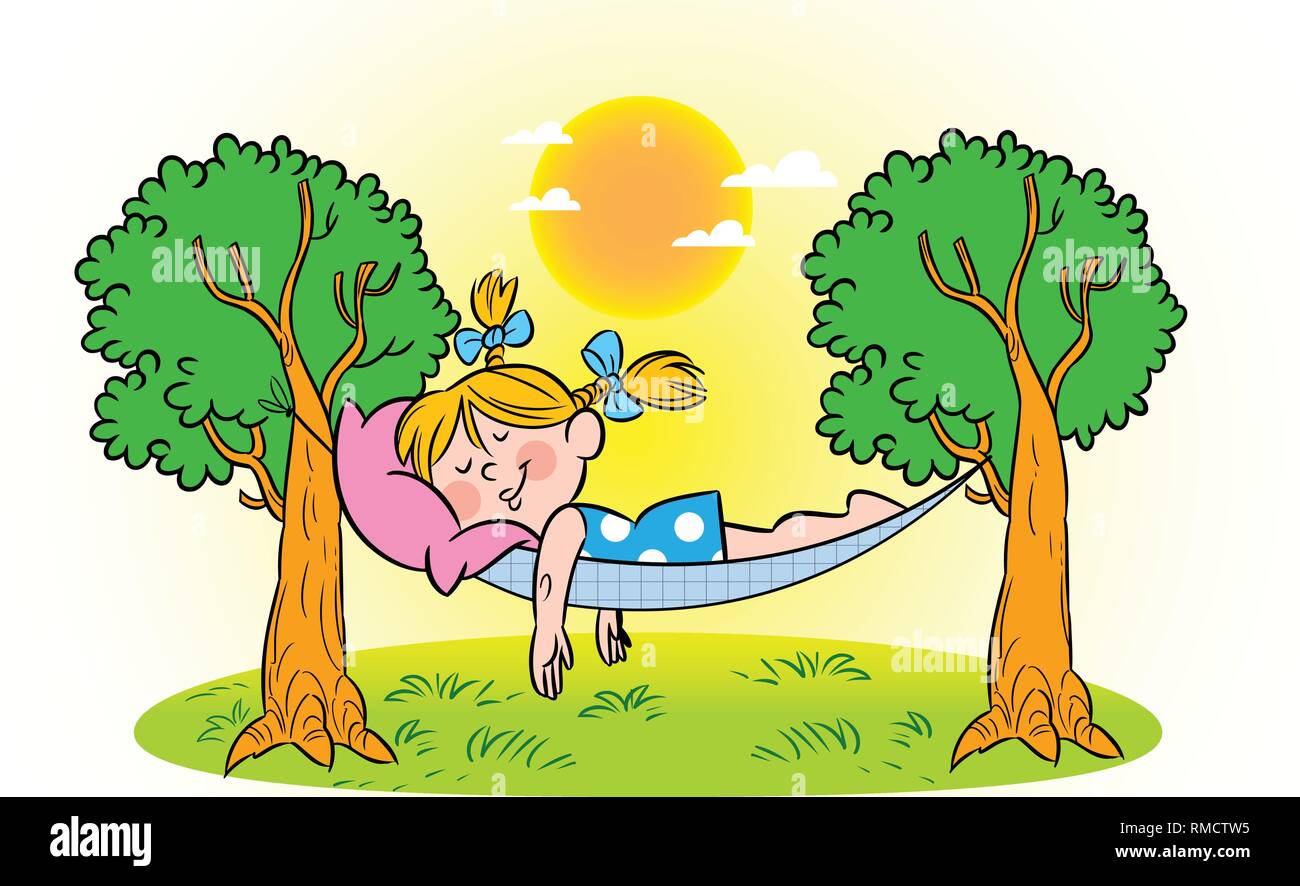 L'illustration montre comment une petite fille dormir dans un hamac. En ...