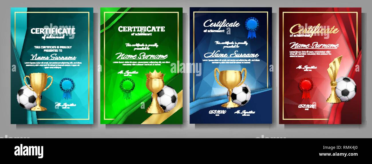 Jeu de foot avec diplôme Certificat Golden Cup Set vecteur. Le football ...