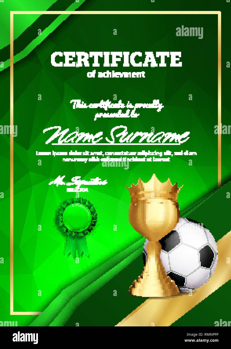 Diplôme certificat de soccer avec Golden Cup vecteur. Le football. Prix ...