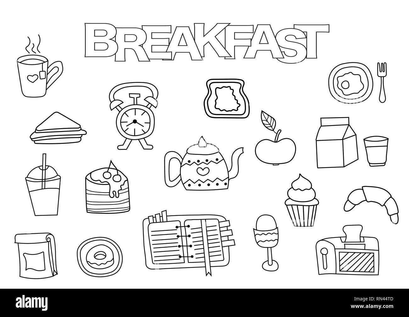 Petit-déjeuner à la main. Modèle de livre de coloriage. Décrire les ...