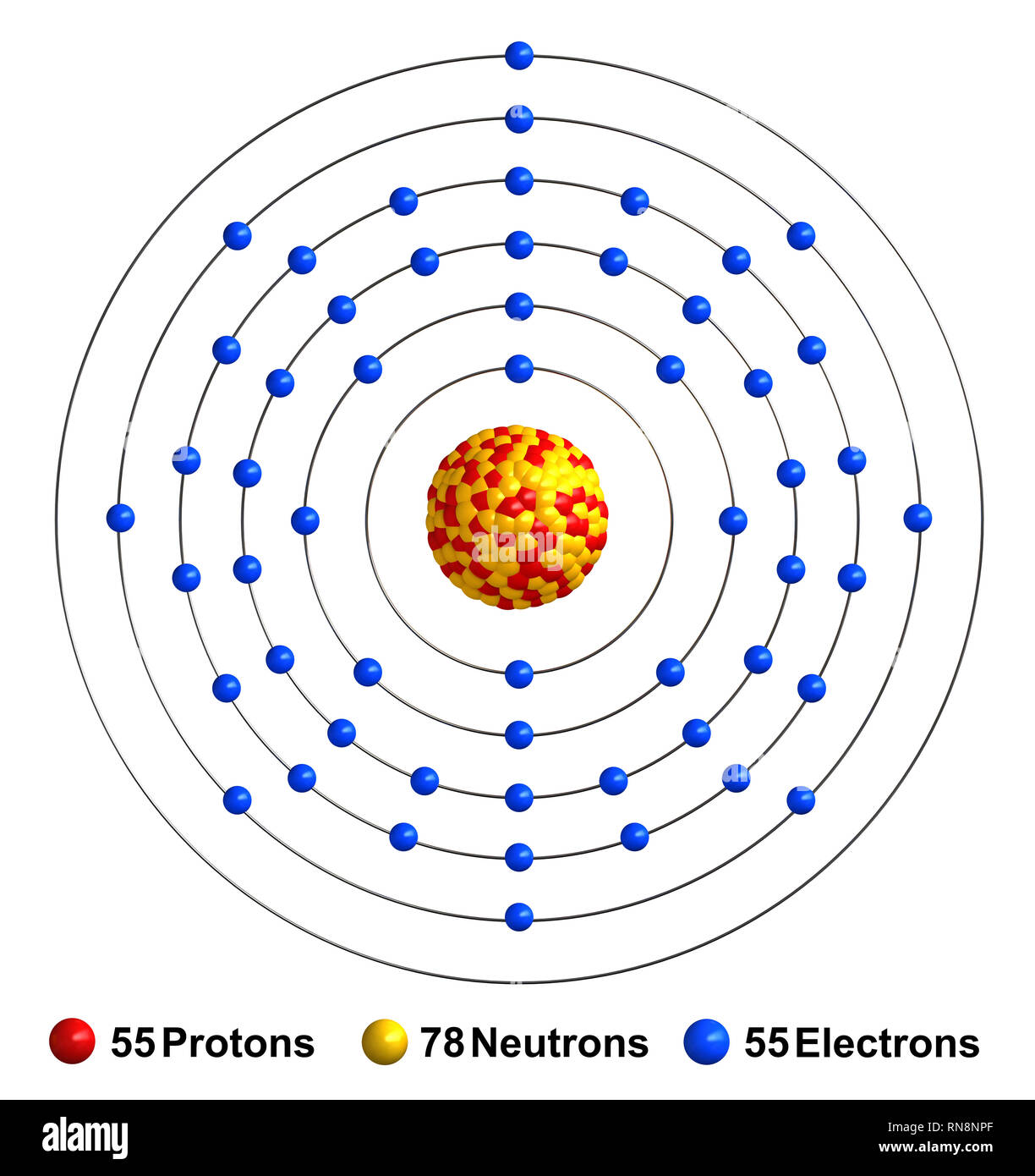 De rendu 3D de la structure de l'atome de césium isolé sur fond blanc ...