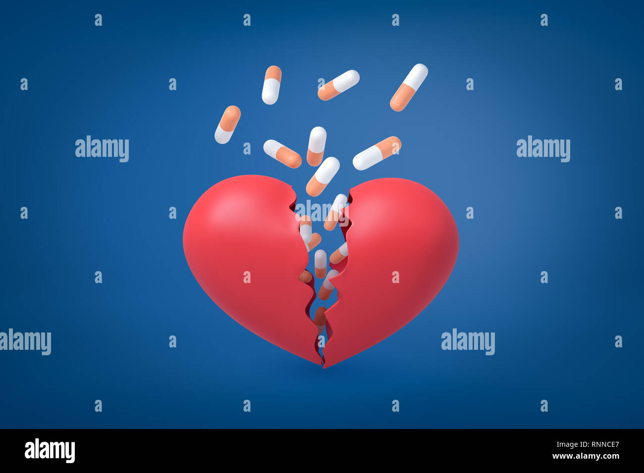 Le rendu 3D de Valentin coeur brisé en deux avec des comprimés de ...