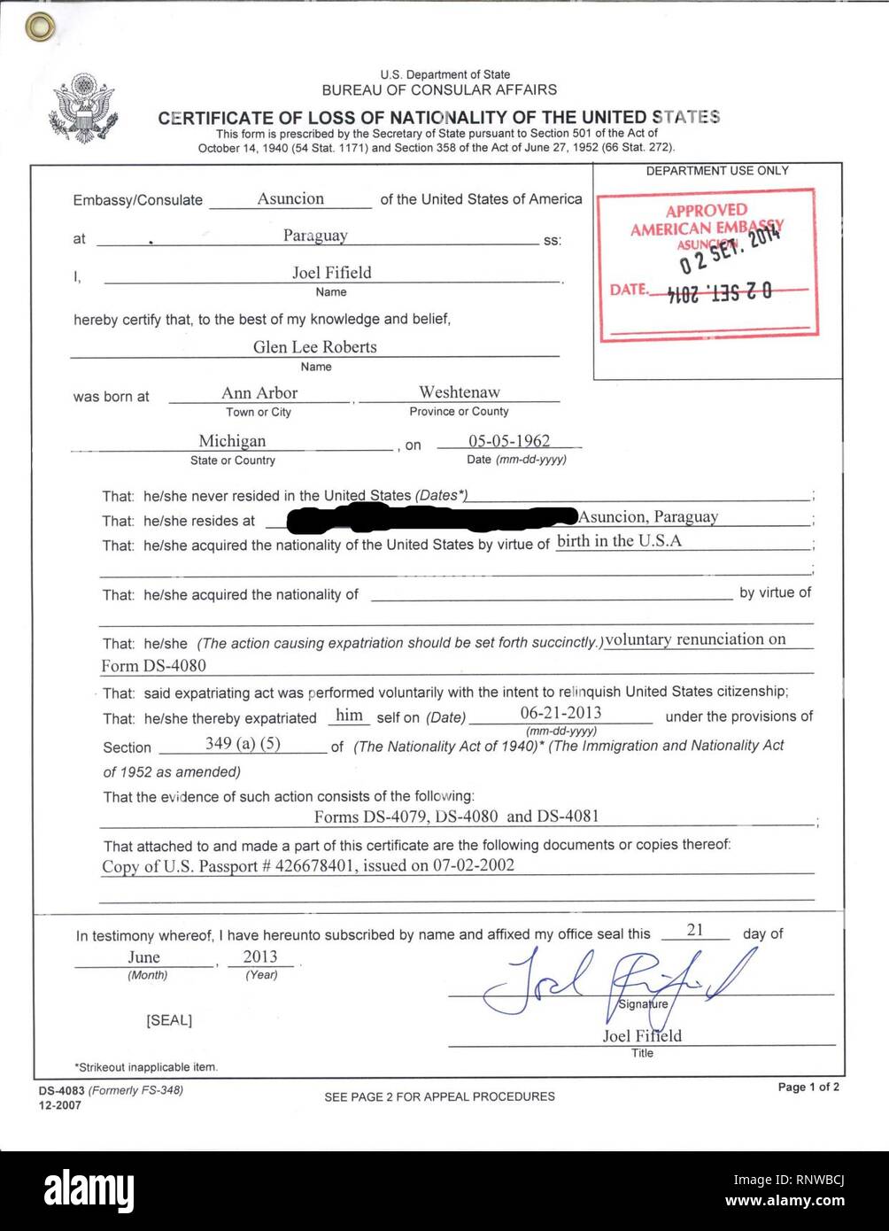 Attestation de perte de la nationalité des États-Unis Photo Stock - Alamy
