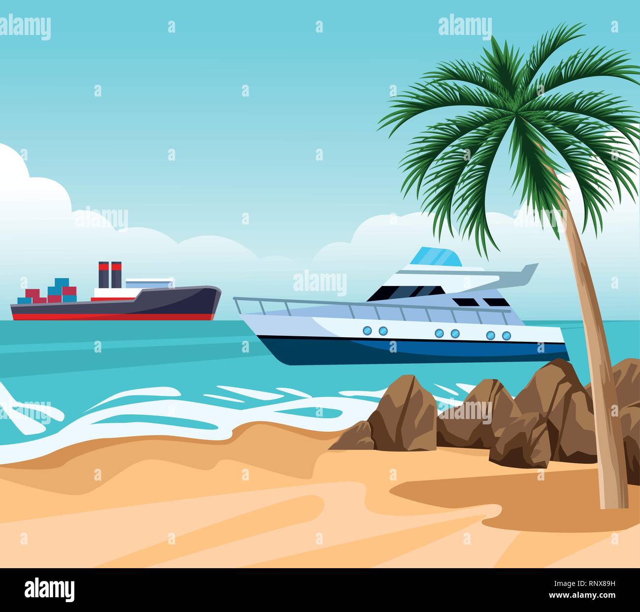 Beau paysage du bord de mer avec le bateau Banque d'images vectorielles ...