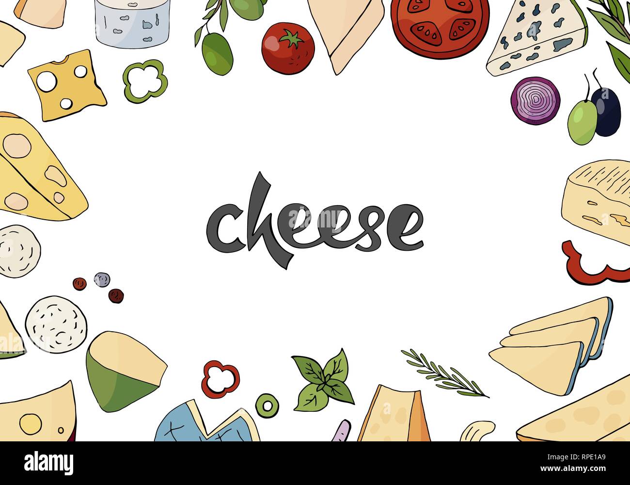 Hand drawn vector illustration avec différents types de fromages Image ...