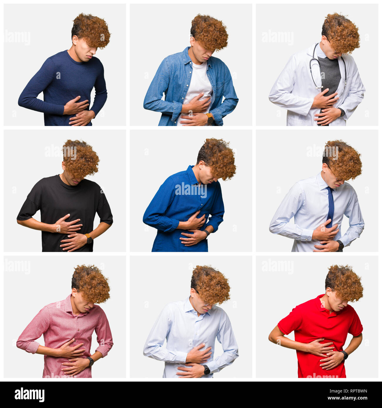 Collage de jeune homme portant différents regards sur fond blanc isolé ...