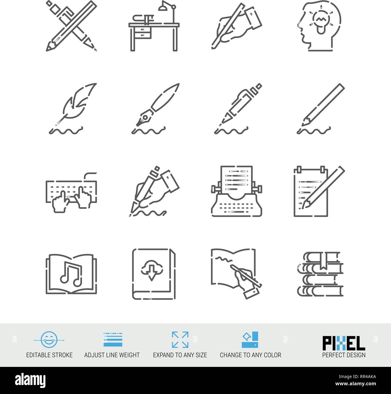 L'icône de la ligne du vecteur défini. L'écriture, l'auteur, ouvrages ...
