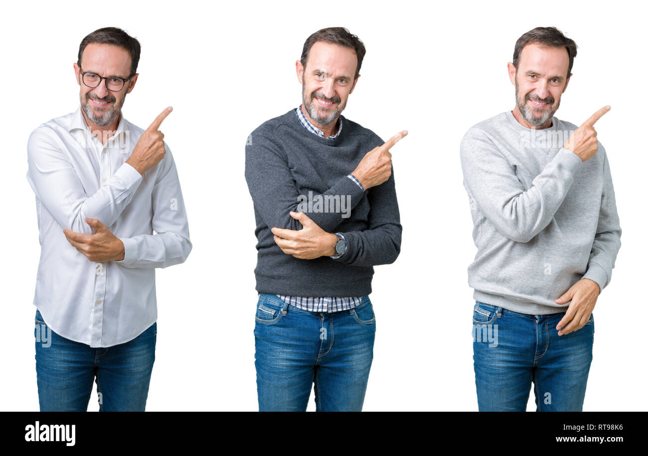 Collage de handsome man over white background isolé avec pointage doigt ...