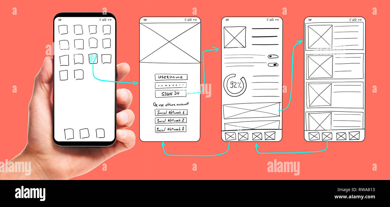 Le développement de l'interface utilisateur. Homme hand holding ...