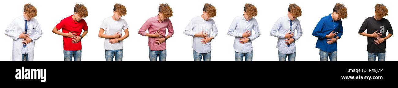 Collage de jeune homme portant différents regards sur fond blanc isolé ...