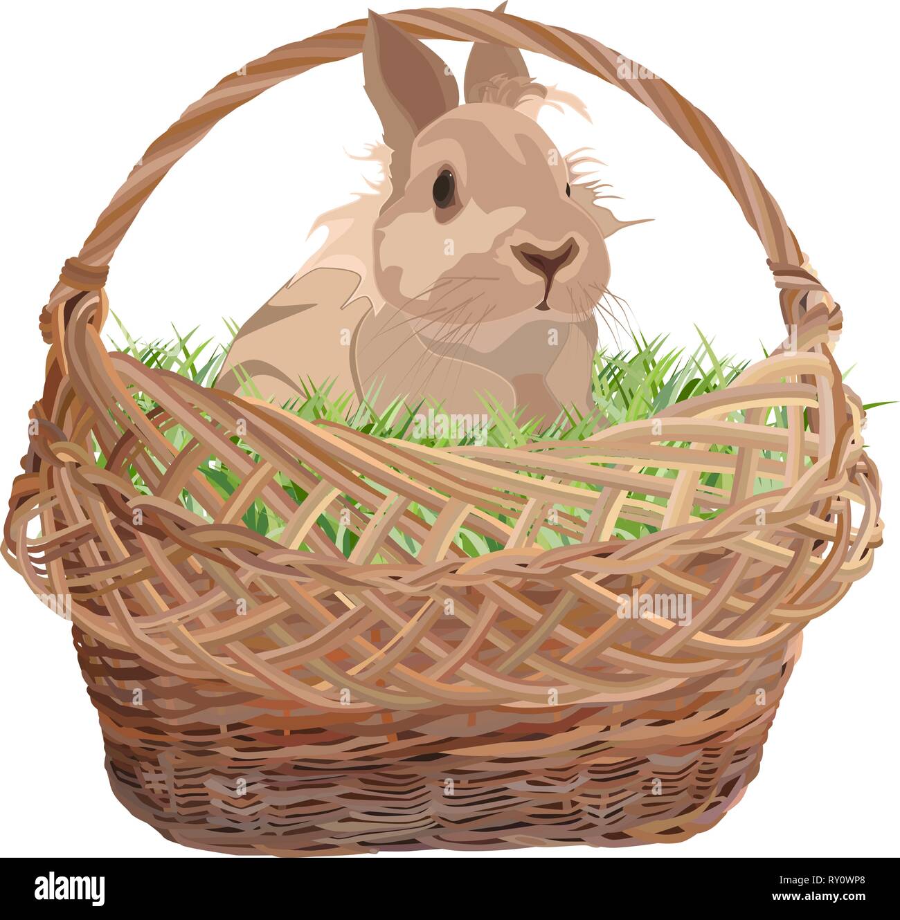 Mignon lapin décoratif en panier en osier, vector illustration ...