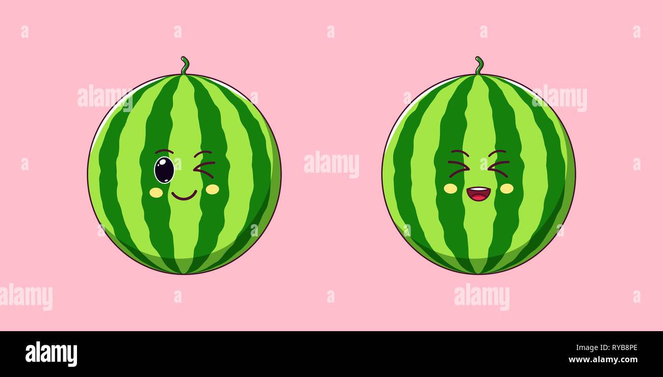 Kawaii Cute Cartoon Pastèque, fruits mûrs. Illustration Vecteur de ...